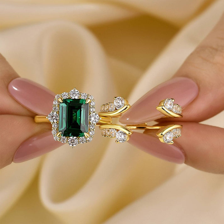 3.0Ct Halo Emerald Cut Insert Wedding Ring Set With Vintage Jacket Wed ...