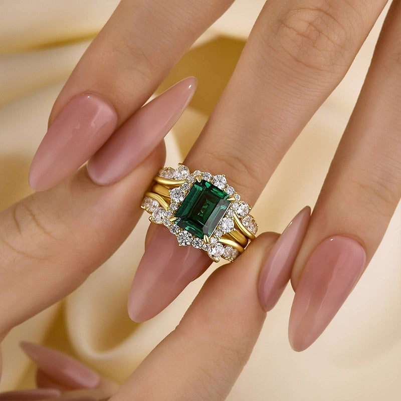 S925 Moissanite 3.0Ct Halo Emerald Cut Insert Wedding Ring Set With Vi ...