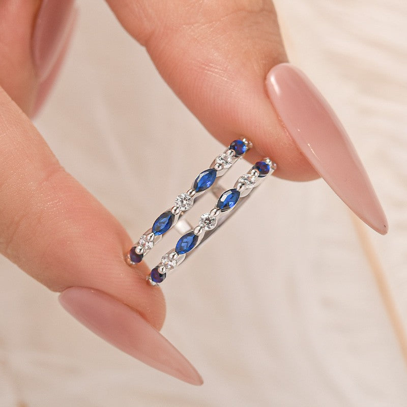 1.0Ct Blue & White Stone Unique Insert Wedding Band Engagement Ring En ...