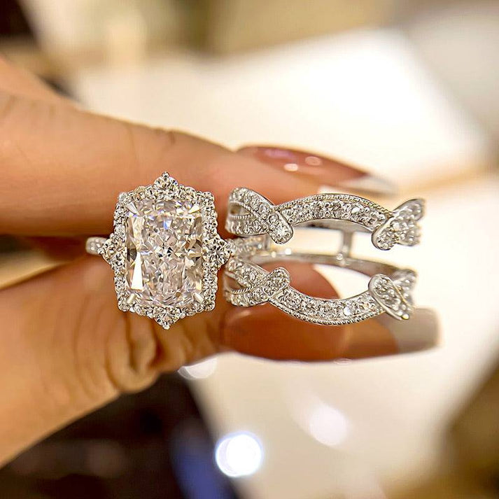 S925 3.0Ct Radiant Cut Halo Insert Wedding Ring Set For Women In Sterl ...